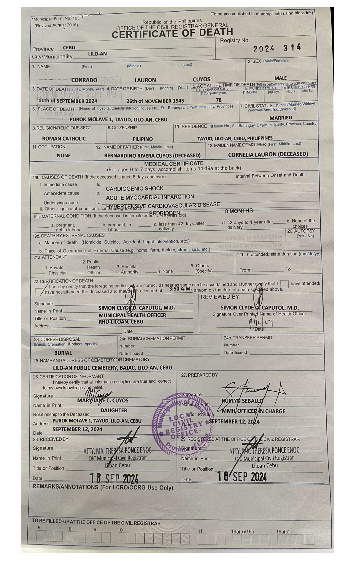 Certificate of Death - Form No. 103 (Cebu, 2024) - Studocu