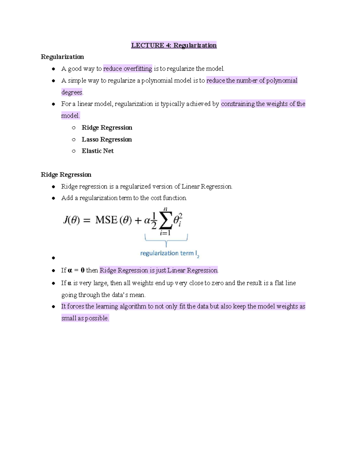 LECTURE 4: Regularization Techniques in Linear Models - Studocu