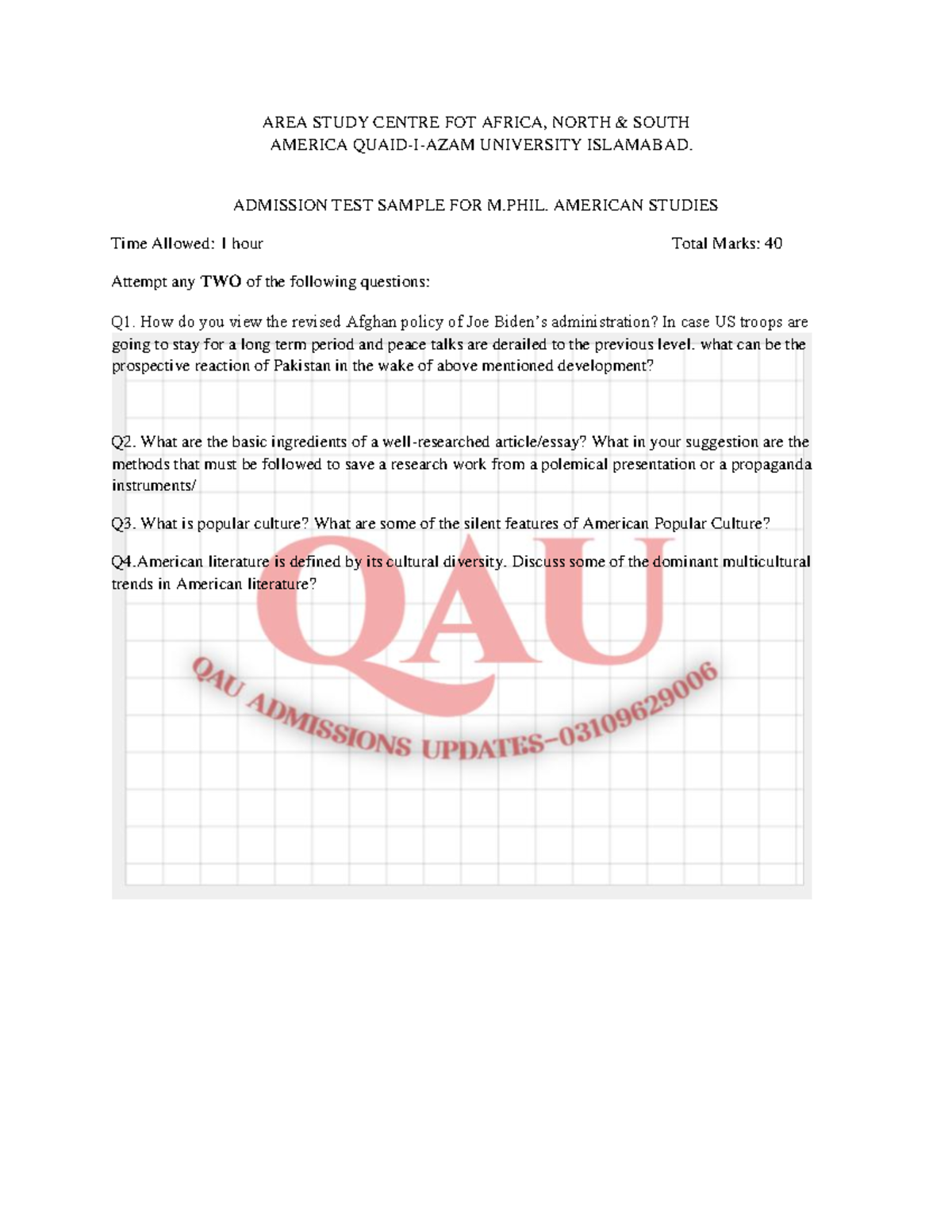M.Phil Admission Test Sample Paper for American Studies - Studocu