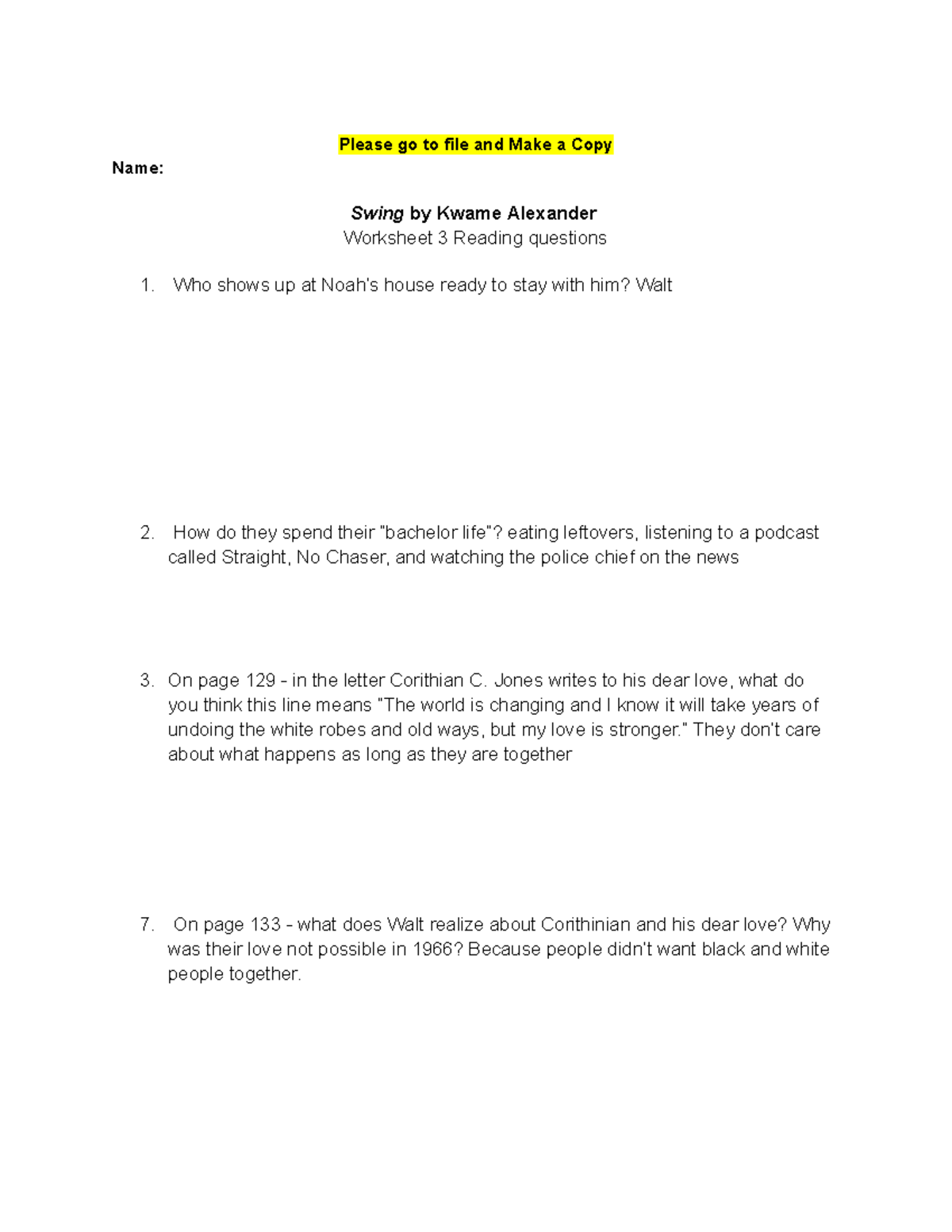 Swing by Kwame Alexander: Worksheet 3 Reading Questions Analysis - Studocu
