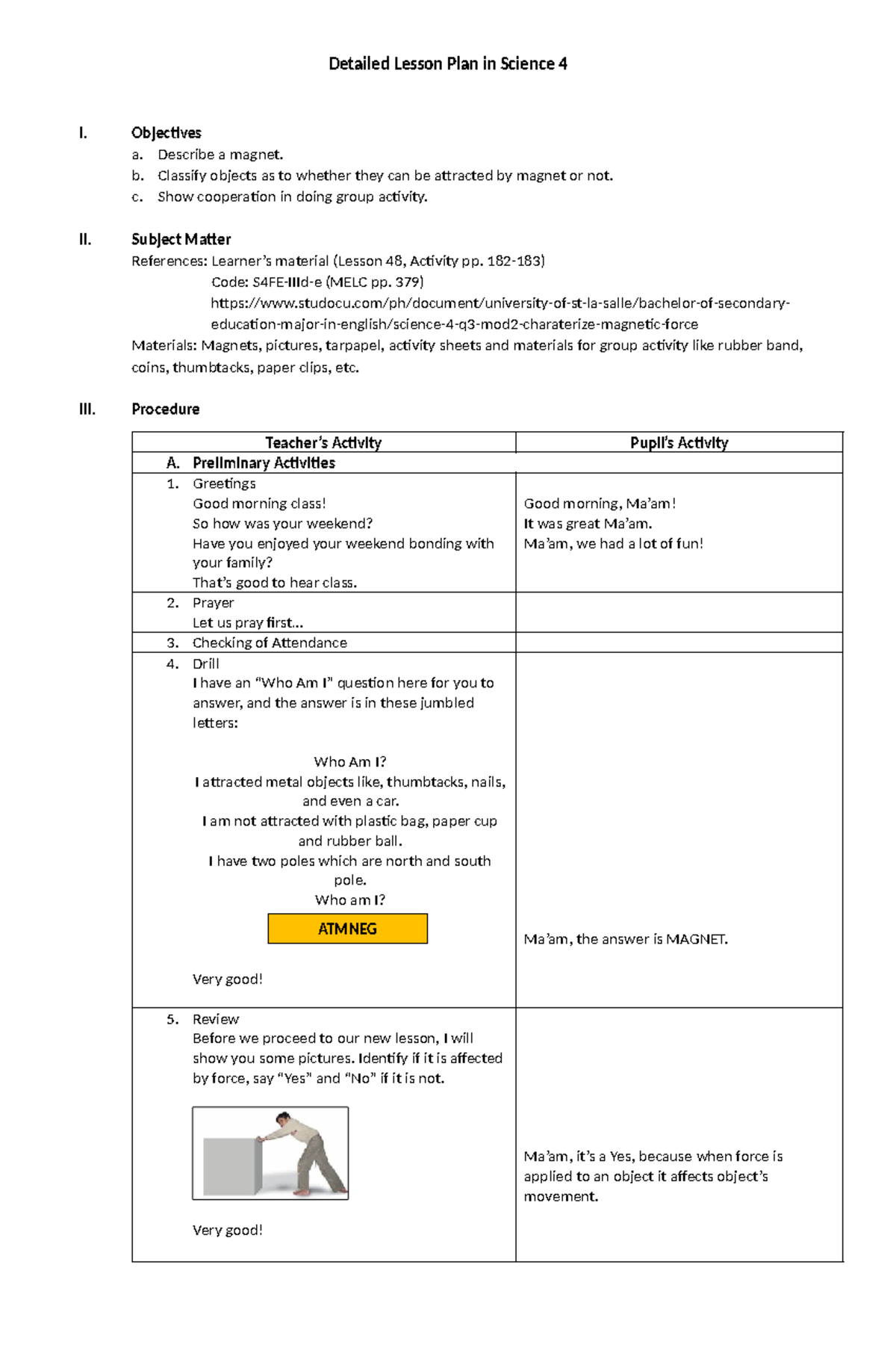 Detailed Lesson Plan: Exploring Magnetism in Science 4 (Code: S4FE-IIId ...