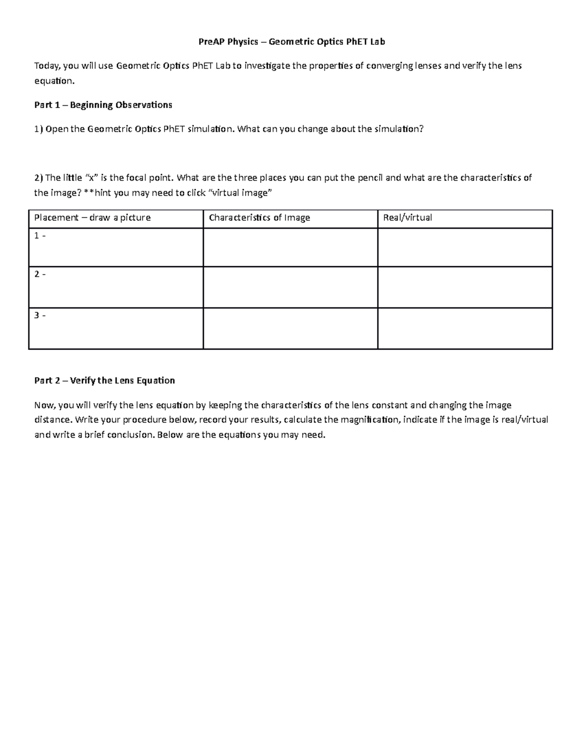 Geometric Optics Pre AP Student - PreAP Physics – Geometric Optics PhET ...