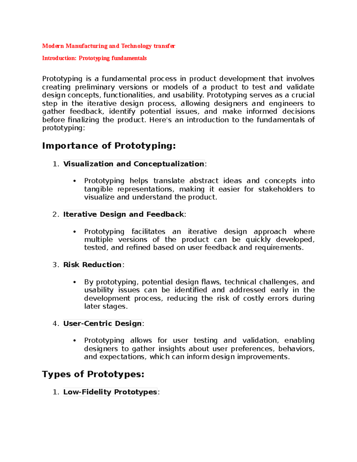 Introduction to Prototyping Fundamentals in Modern Manufacturing - Studocu