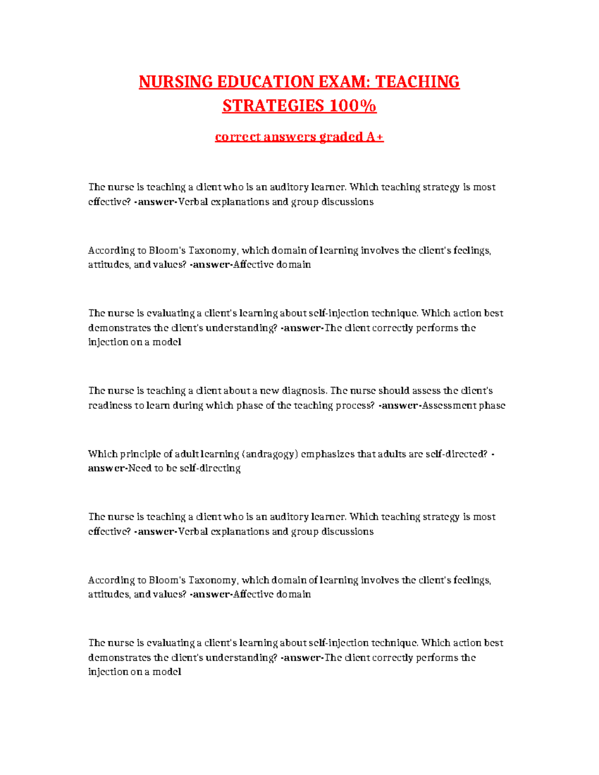 NURS 101: Nursing Education Exam on Teaching Strategies and Learning ...