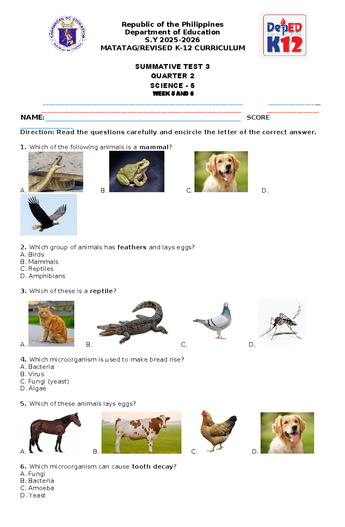 Q2 Science 5 Summative Test 3: Week 5 & 6 Assessment - Studocu