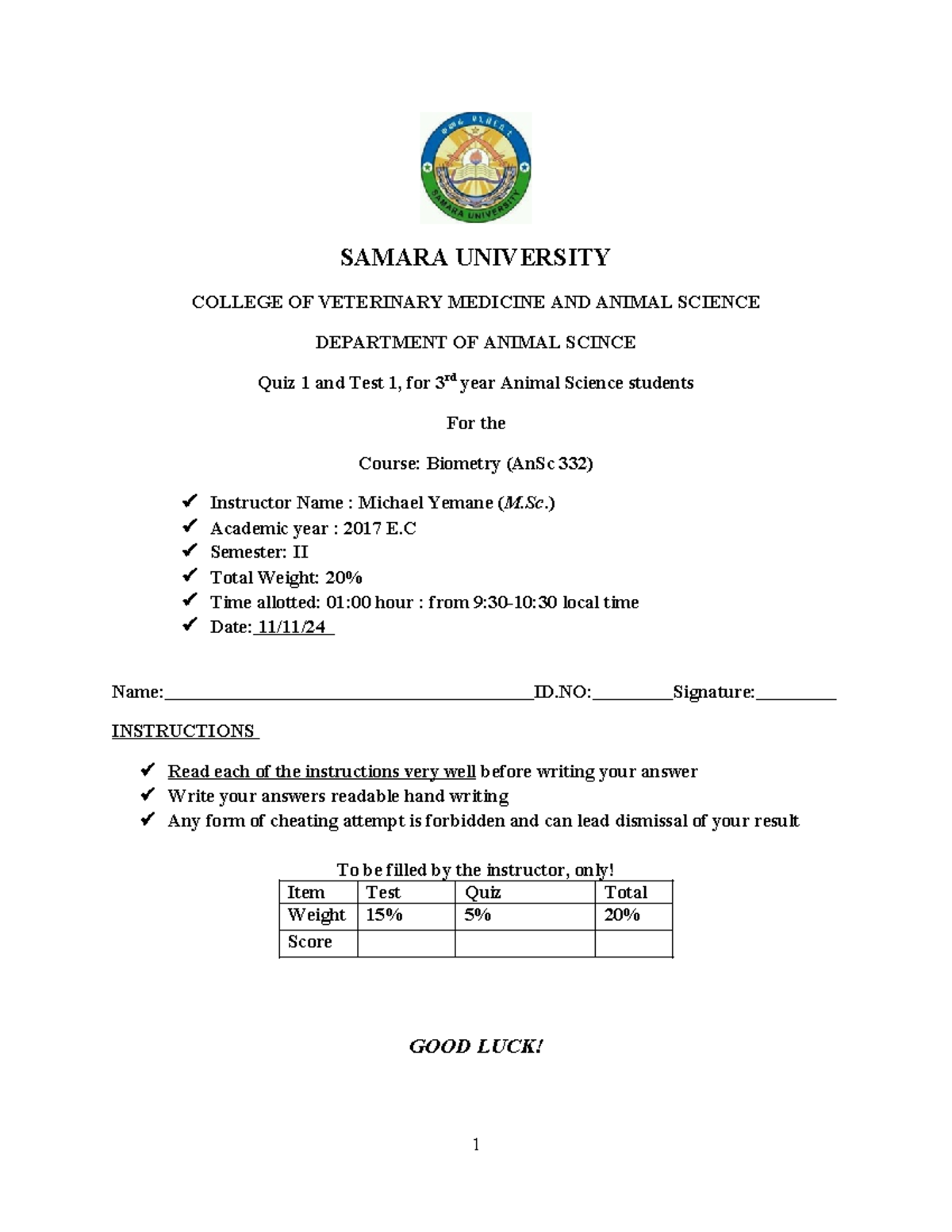 Biometry test print - Sample test - SAMARA UNIVERSITY COLLEGE OF ...