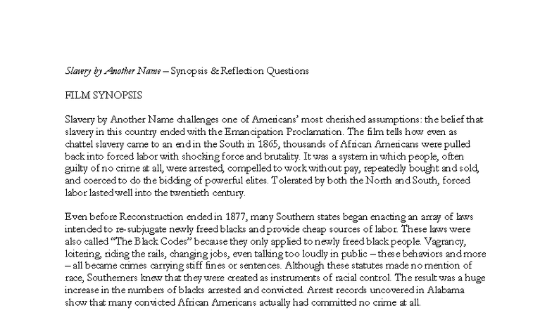 Slavery: Another Name - Film Synopsis & Reflection Questions - Studocu