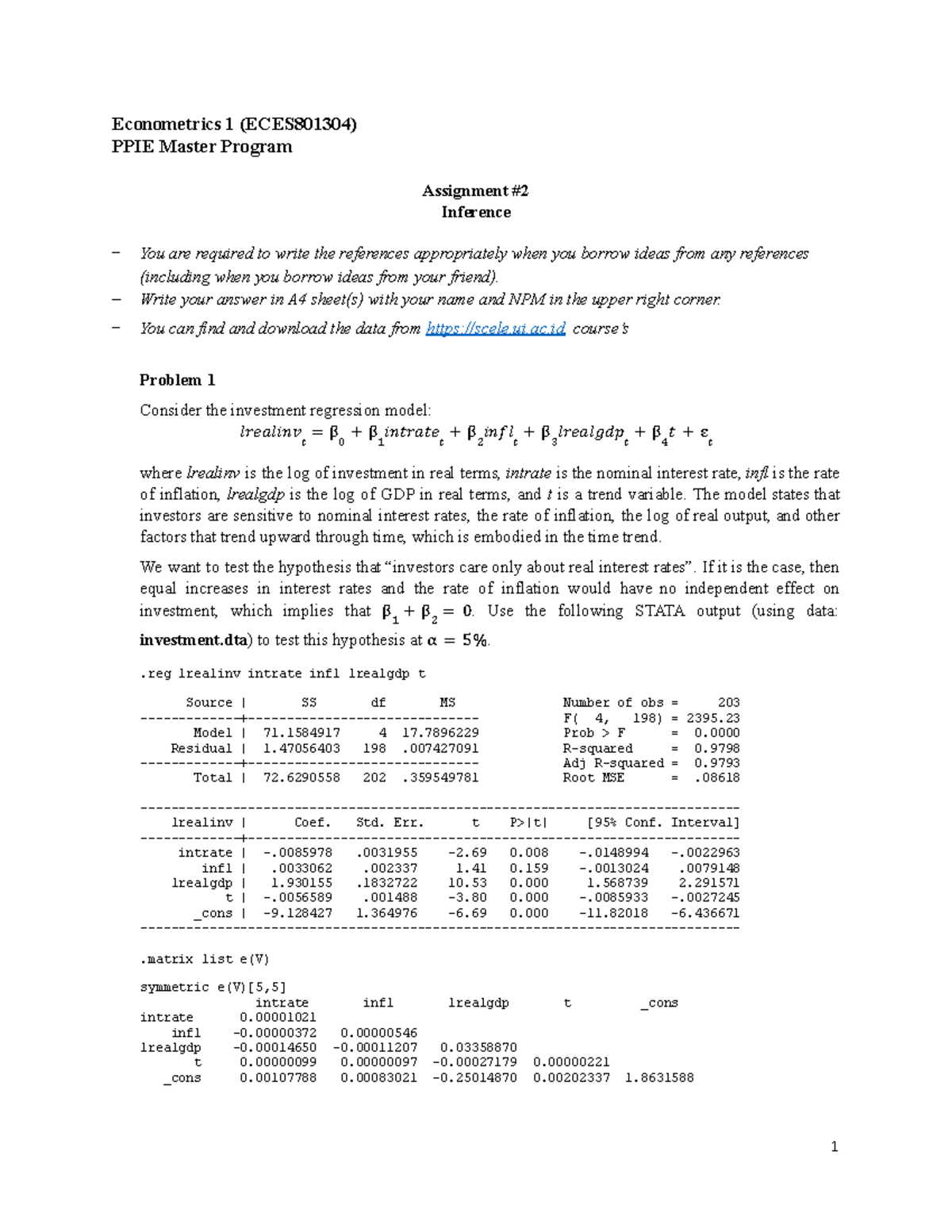 Assignment 2 - Econometrics 1 (ECES801304) PPIE Master Program Assignment Inference − You are ...