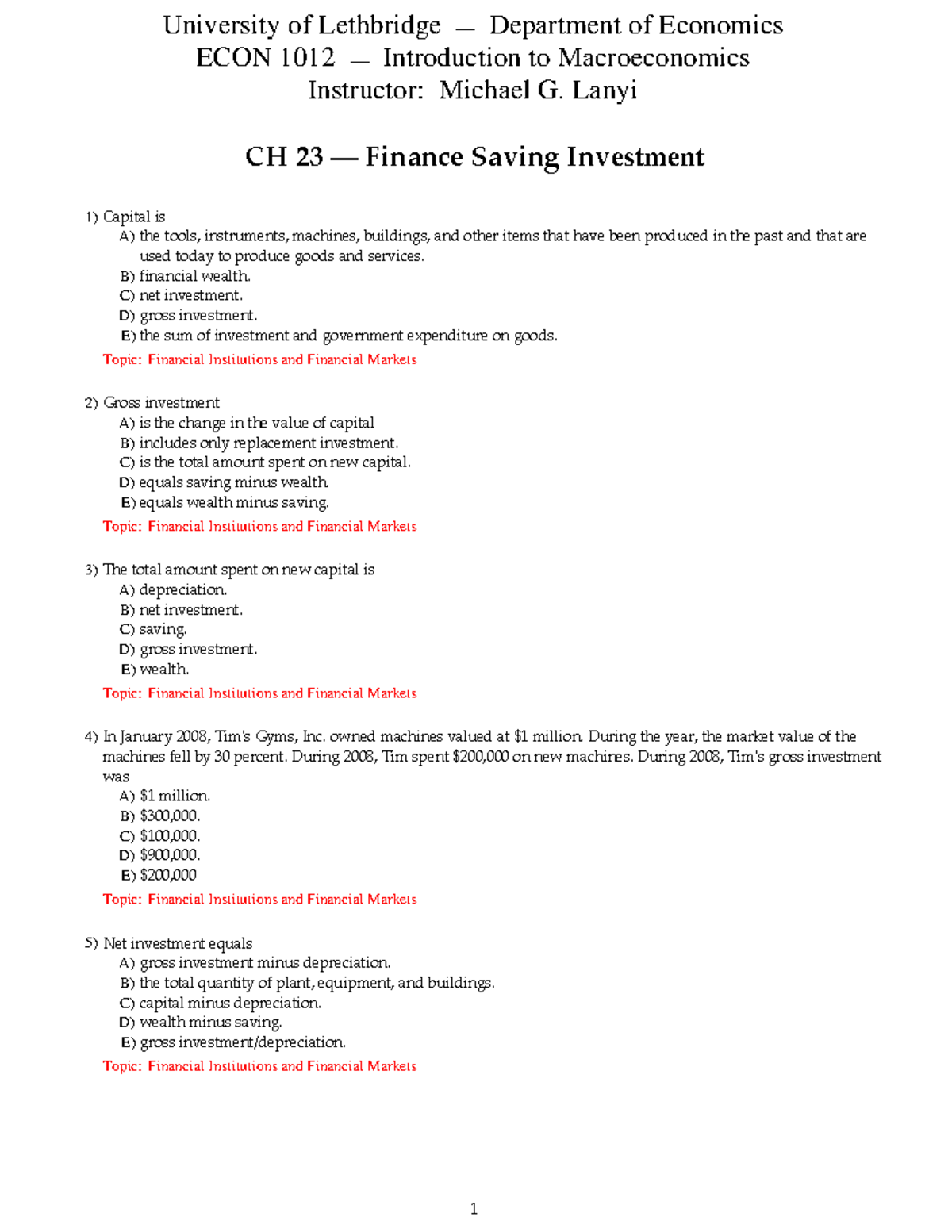ECON 1012 Final Exam Notes: CH 23 Finance, Saving, and Investment - Studocu