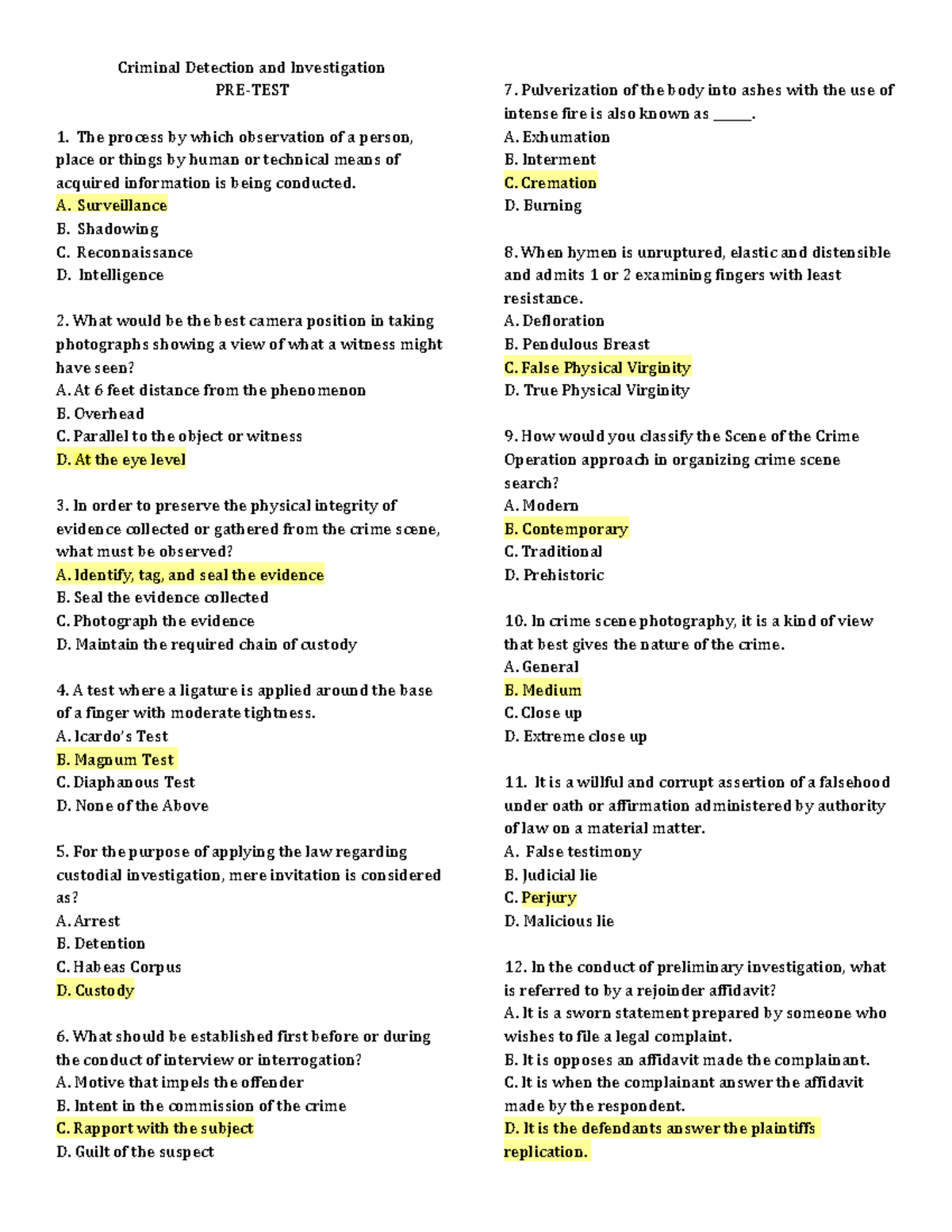 CDI-PRE-TEST: Key Concepts in Criminal Detection & Investigation - Studocu