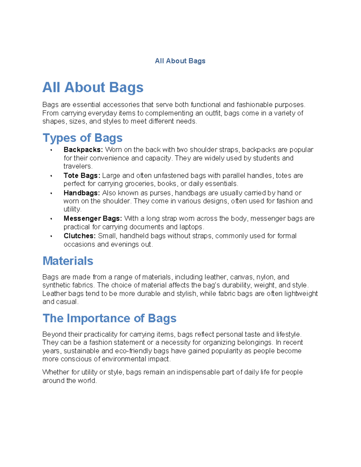 Bags 101: Essential Notes on Types, Materials, and Importance - Studocu