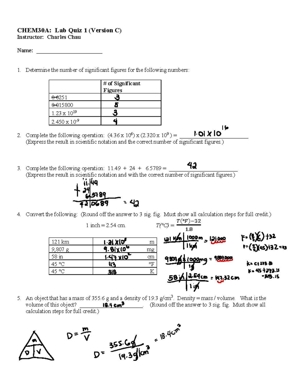 CHEM30A: Lab Quiz 1 - Significant Figures and Calculations - Studocu
