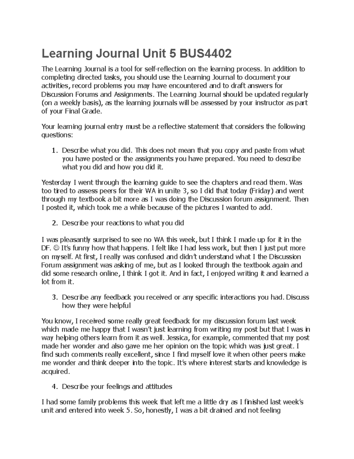 Reflective Journal Entry for Unit 5 - BUS4402 Learning Process - Studocu