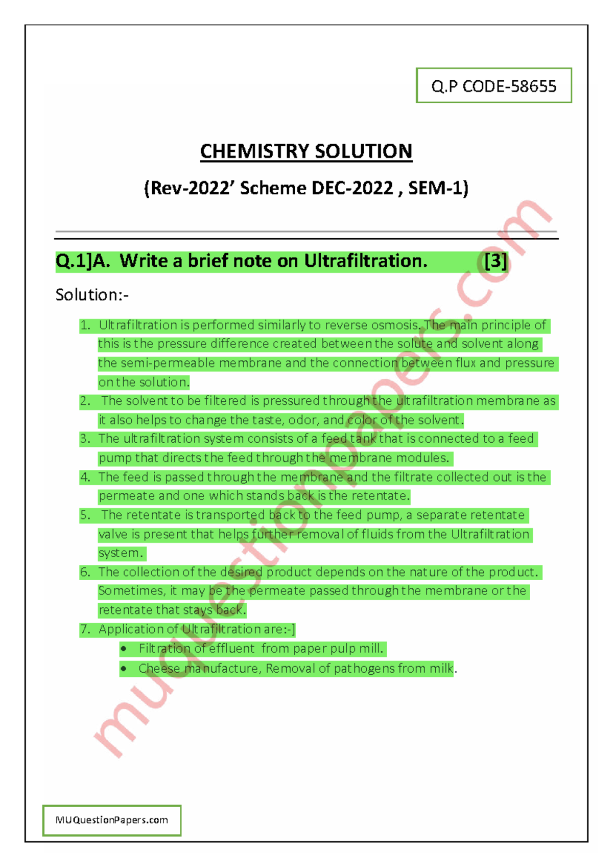 Chemistry Q.P Solutions: Ultrafiltration, PMMA, and Hard Water Analysis ...