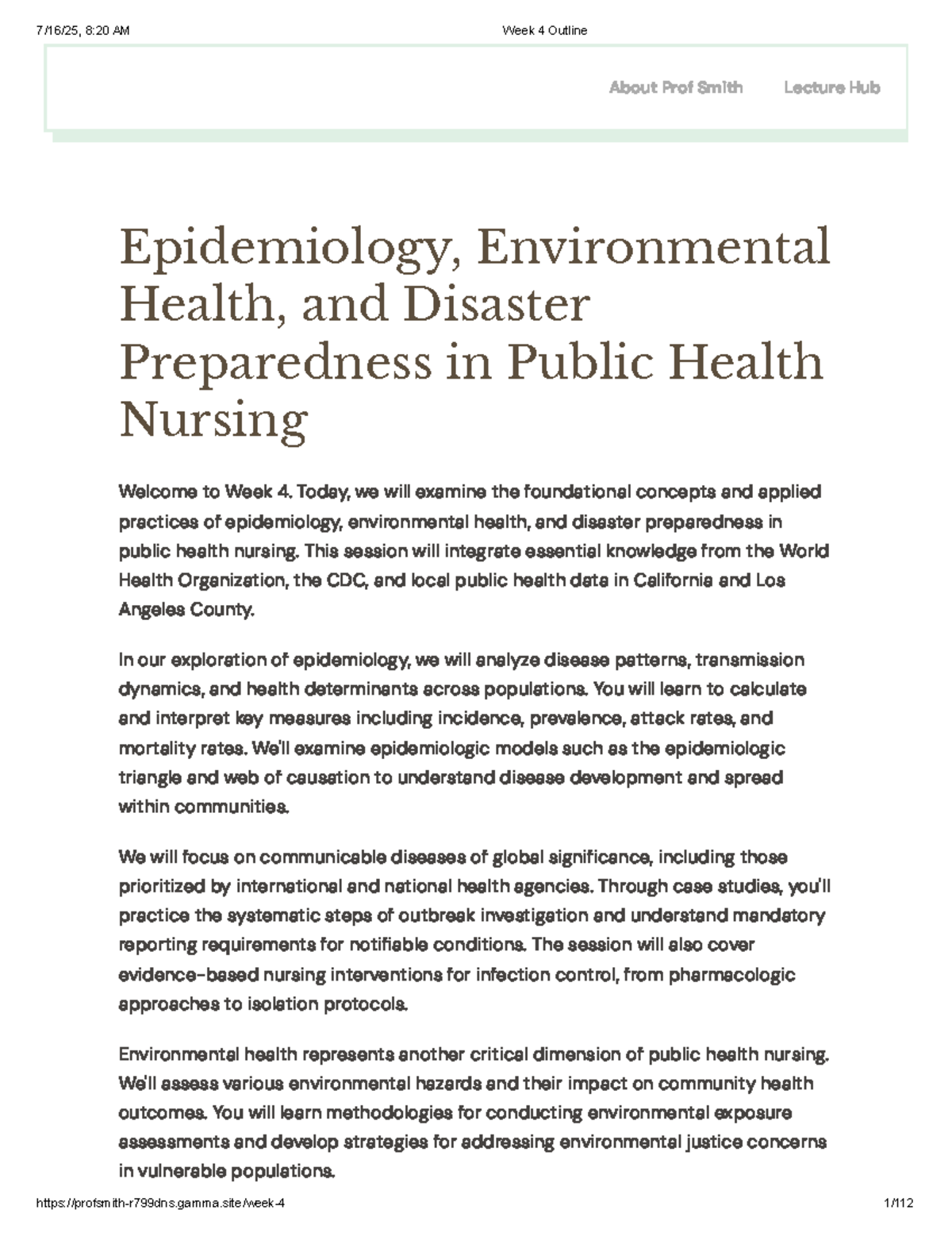 NURS 320: Week 4 Lecture Outline on Epidemiology & Public Health ...