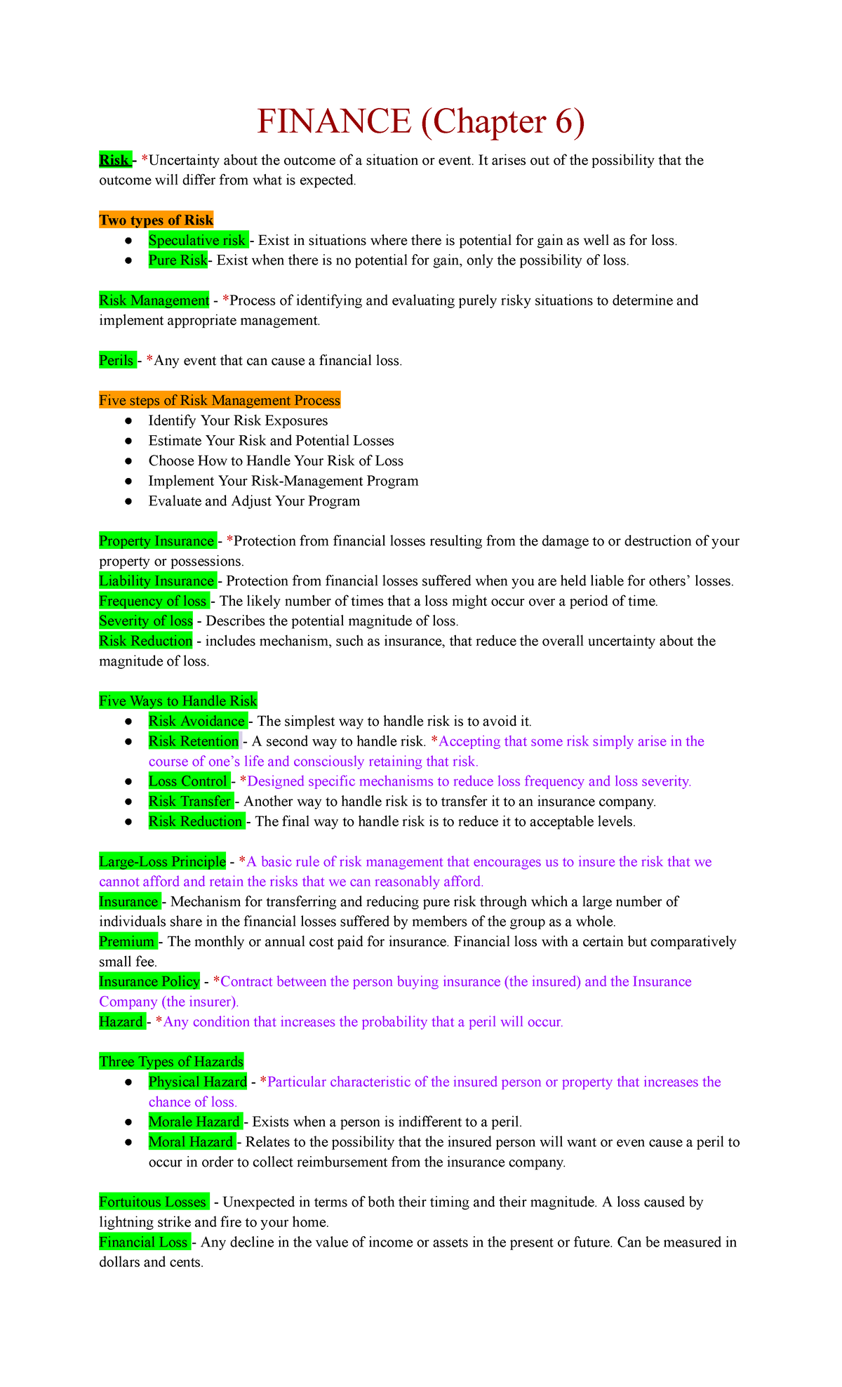 Personal finance practice materials - FINANCE (Chapter 6) Risk ...