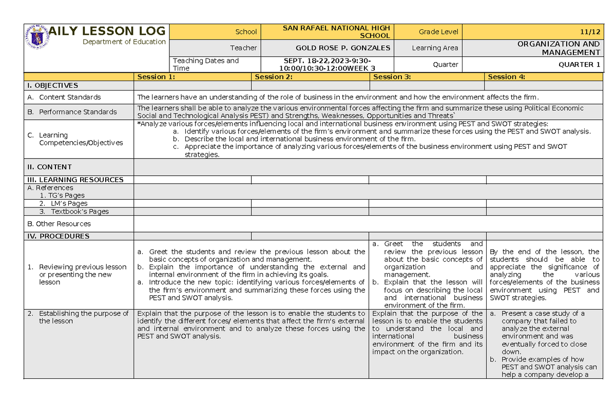 OM Q1 WEEK 3 - Lesson Plan on PEST and SWOT Analysis in Org. & Mgmt ...