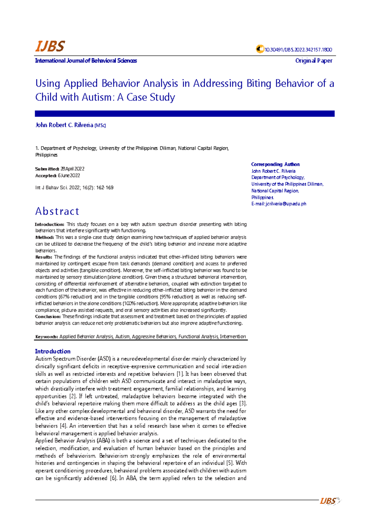 Applied Behavior Analysis for Biting Behavior in a Child with Autism: A ...