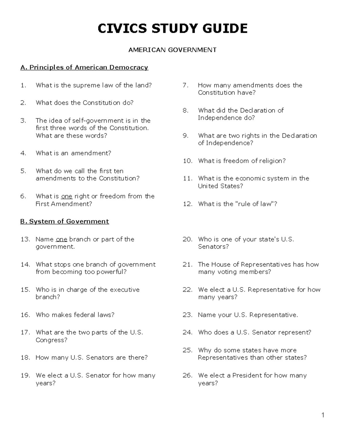 CIVICS STUDY GUIDE: AMERICAN GOVT & HISTORY ESSENTIALS - Studocu