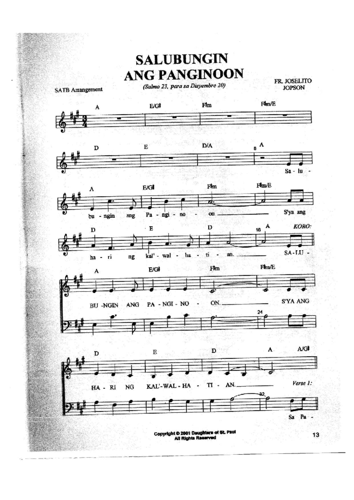 Salubungin ang Panginoon SATB Arrangement (Salmo 23) SDC - Studocu