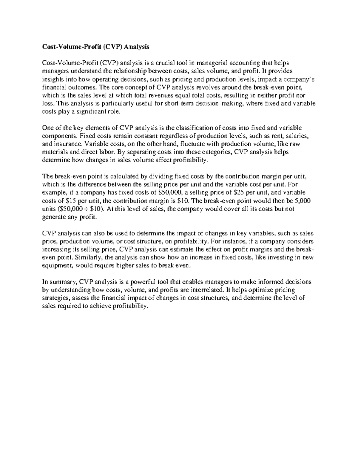 Key elements of CVP analysis - Cost-Volume-Profit (CVP) Analysis Cost-Volume-Profit (CVP ...