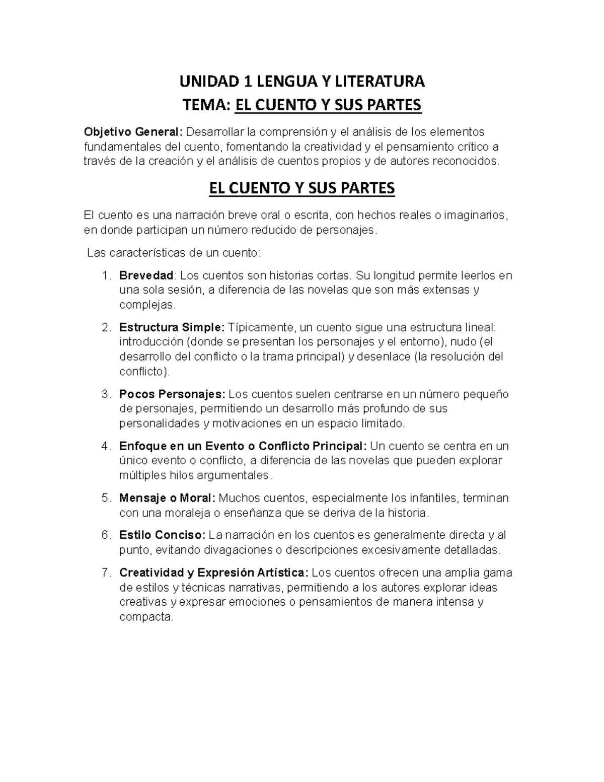 Unidad 1 Lengua Y Literatura el cuento y sus prtes - UNIDAD 1 LENGUA Y ...