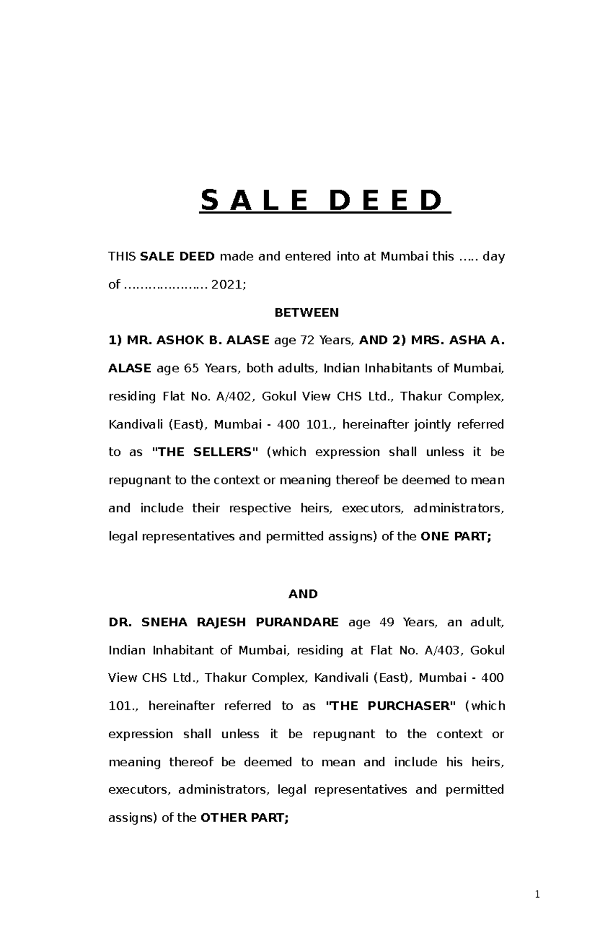 Sale Deed Draft for Residential Flat A/402 in Mumbai - Studocu