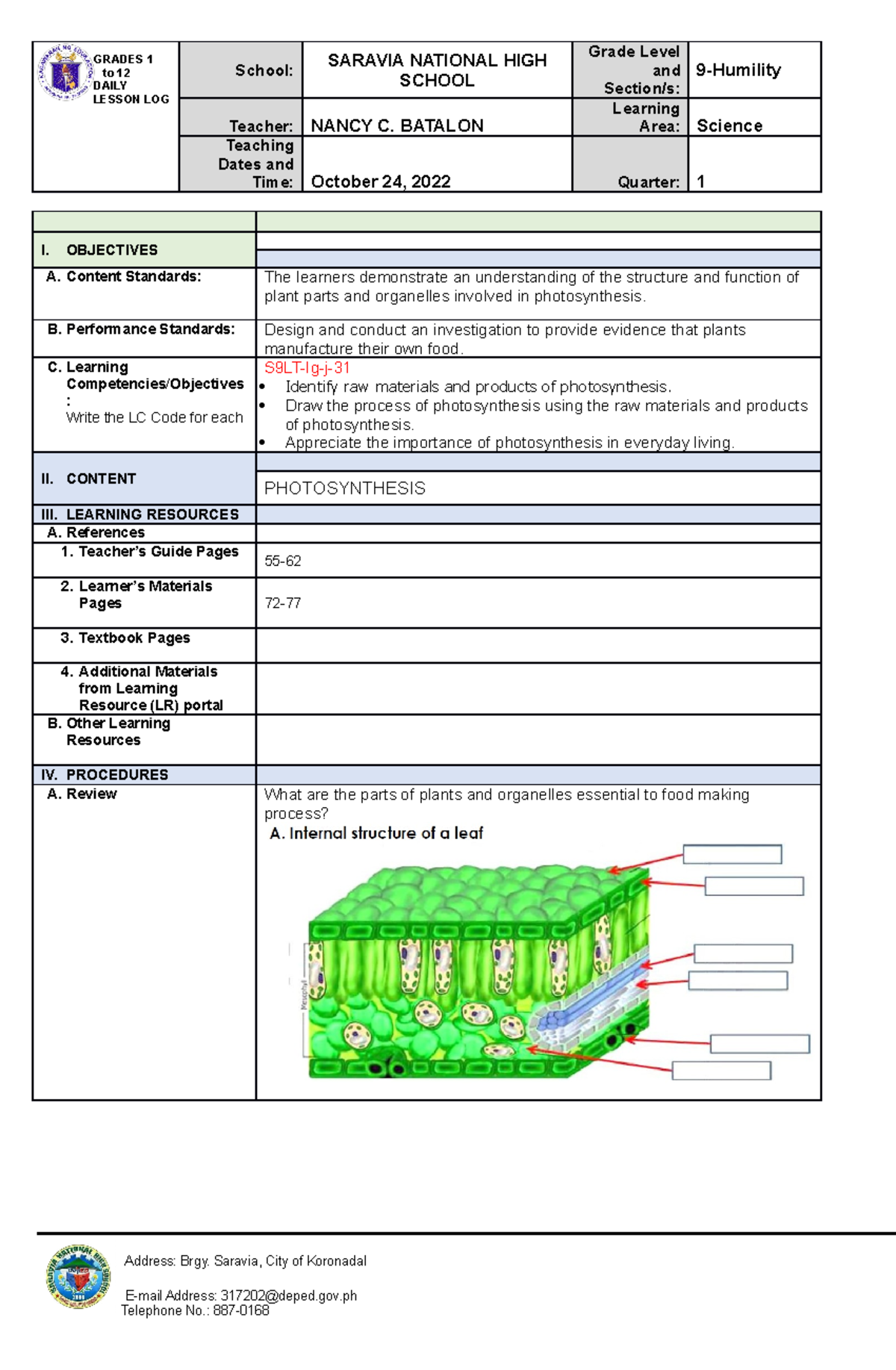 **Photosynthesis Raw Materials Lesson Plan for Grade 9 Science** - Studocu