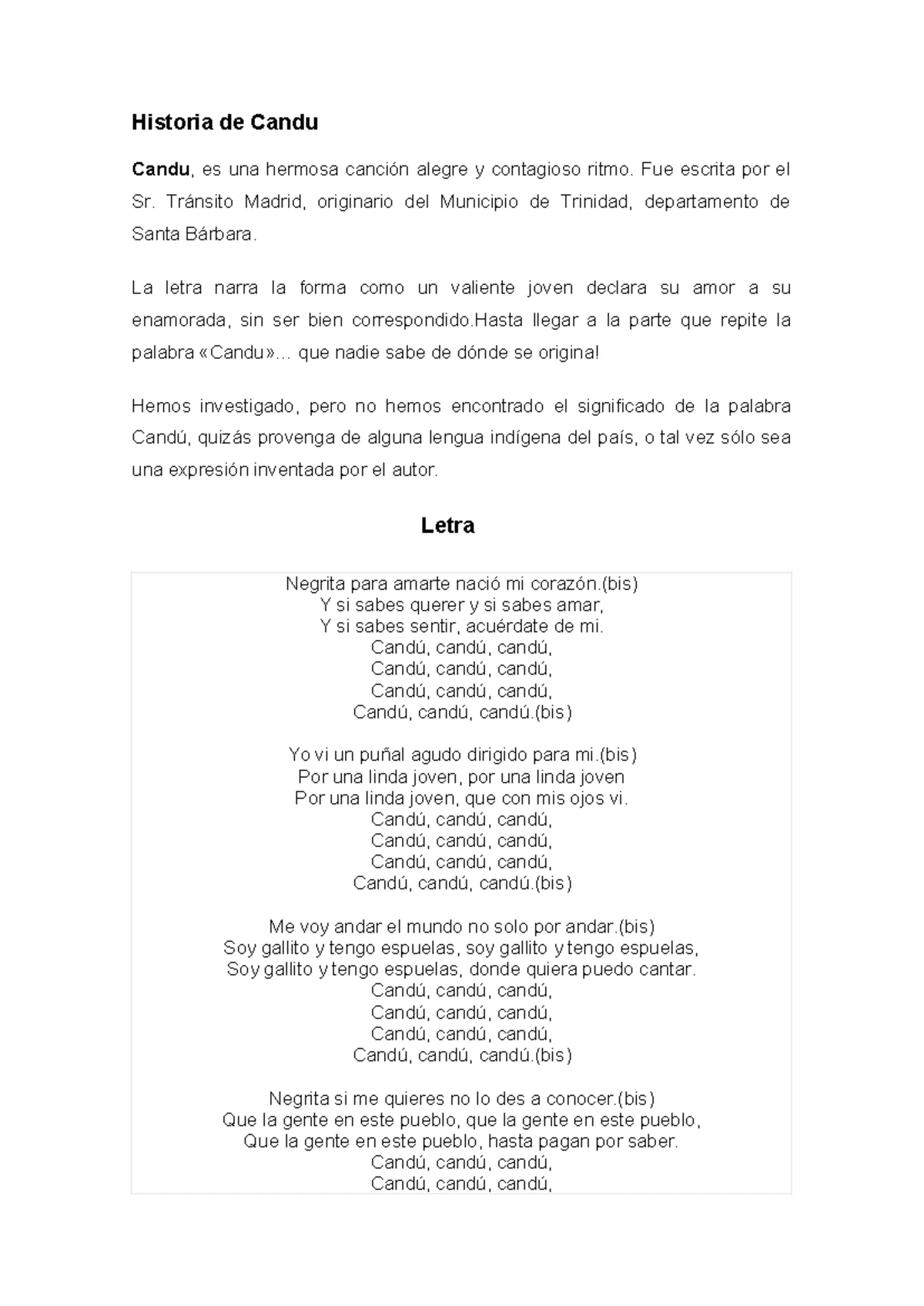 Historia de la Canción Folklórica "Candú" en Honduras - Studocu