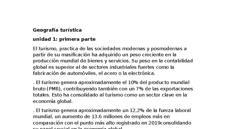 Geografía Turística: Unidad 1 - Introducción al Turismo Global - Studocu