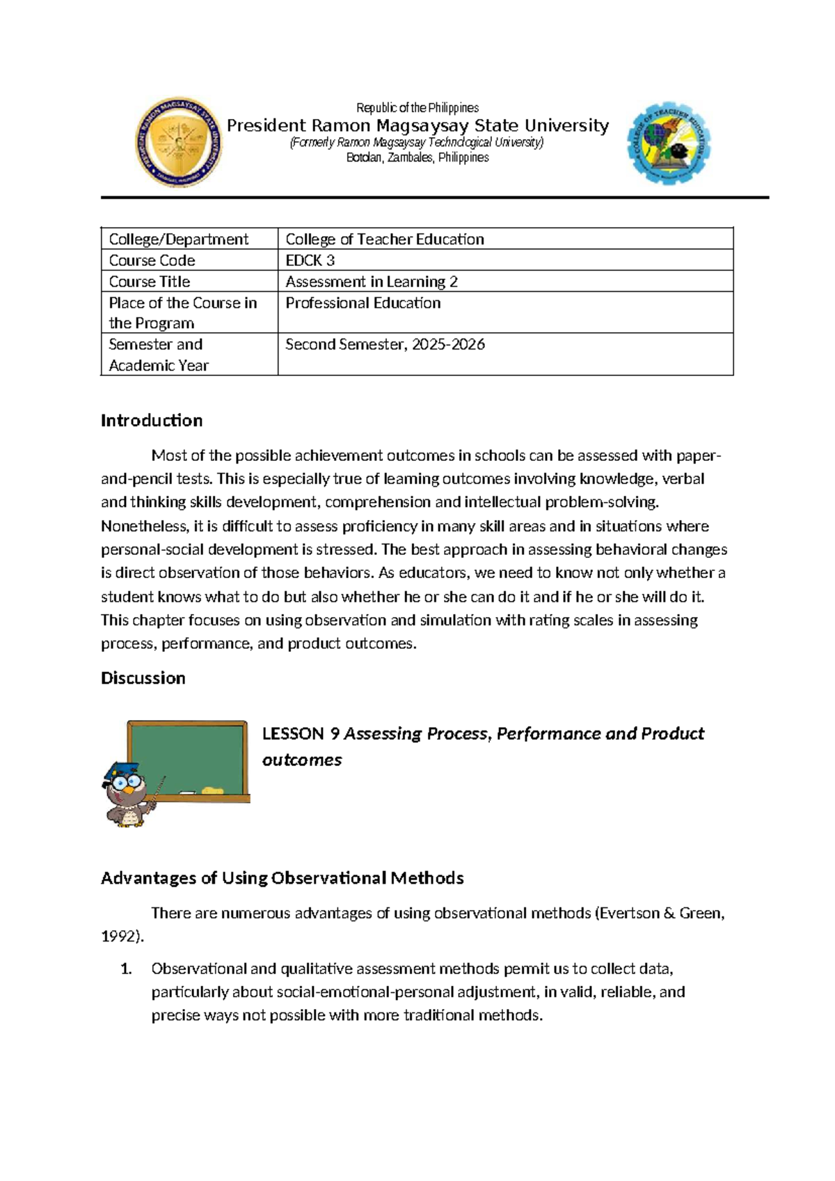 EDCK 3 Assessment in Learning 2: Observational Methods & Simulation ...