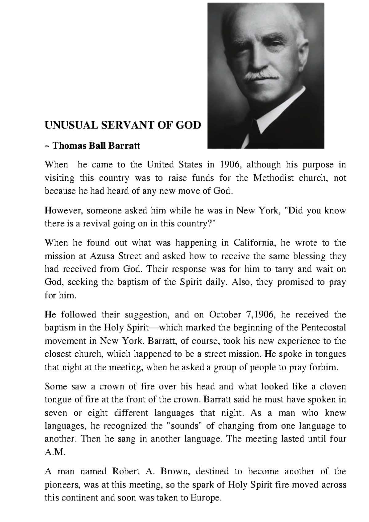 Unusual Servant of God: Thomas Ball Barratt's Impact on Pentecostalism ...