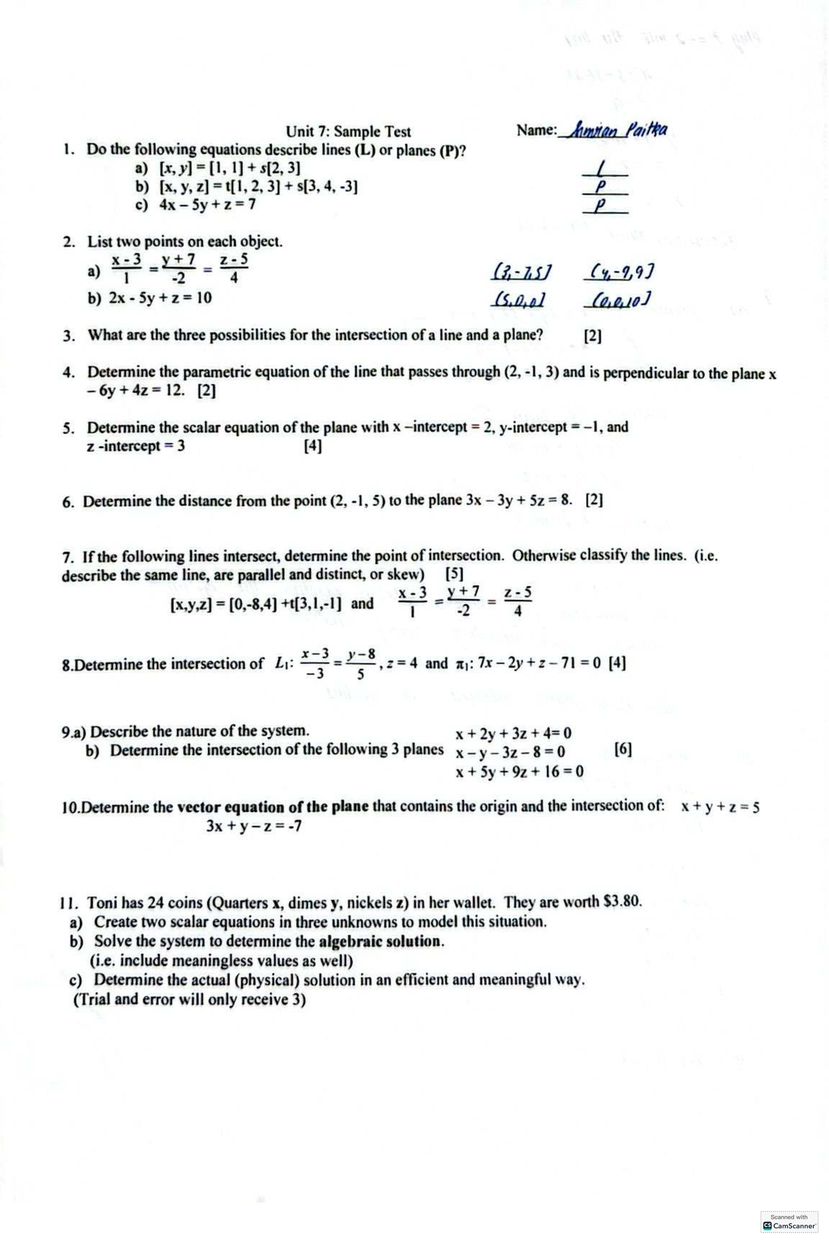 Unit 7: Sample Test - Lines and Planes Analysis (MATH 101) - Studocu
