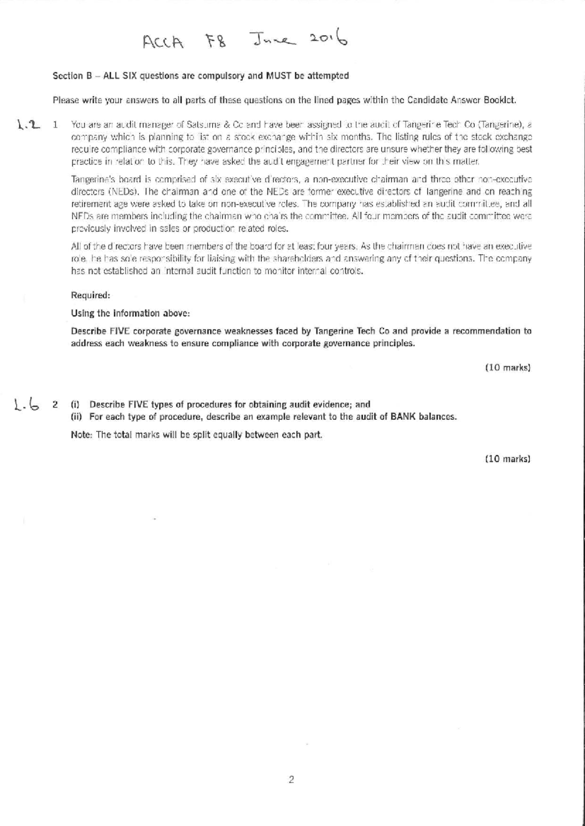 ACCA F8 June 2016 Section B: Corporate Governance & Audit Procedures ...