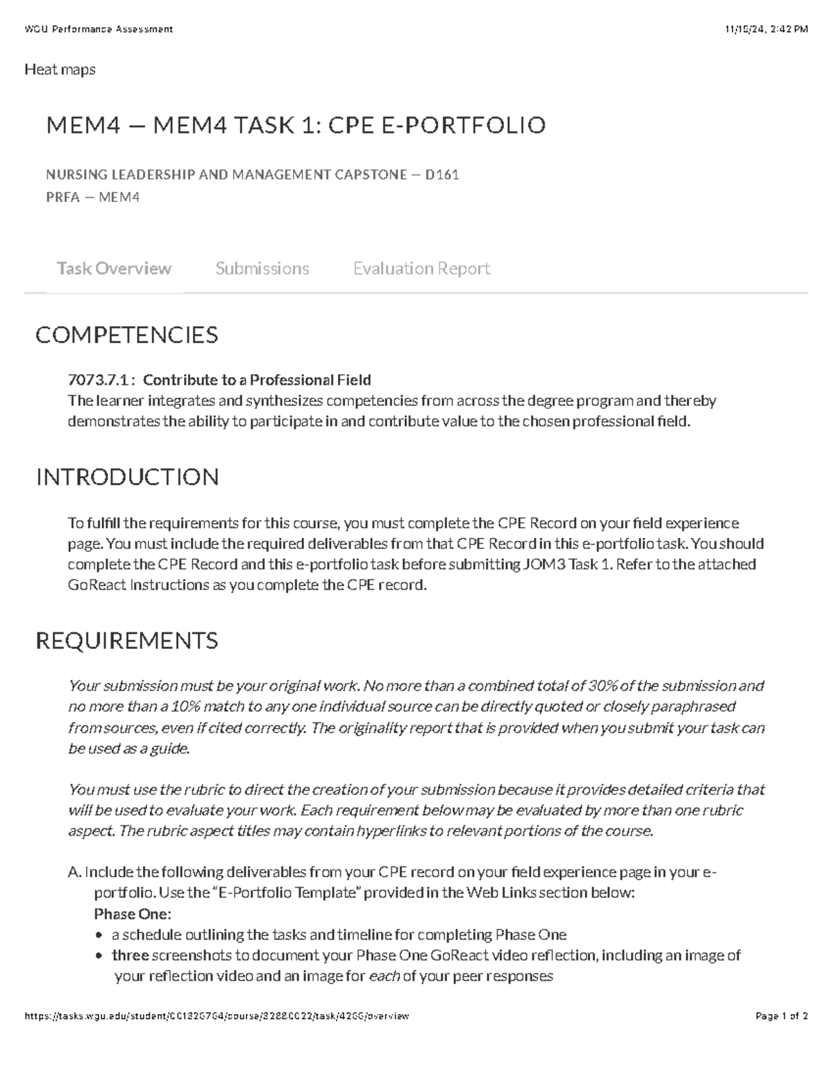 MEM4 Nursing Leadership CPE E-Portfolio Task 1 Instructions - Studocu