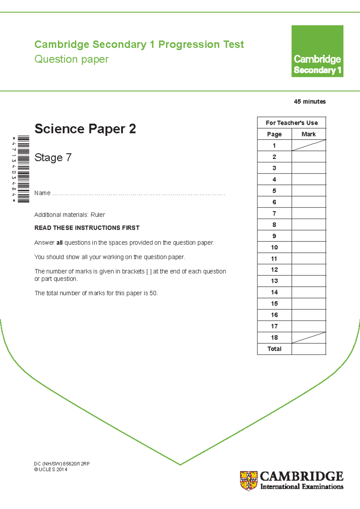 Science Paper 2 Stage 7 TCM143-372221 - Cambridge Test 2014 - Studocu