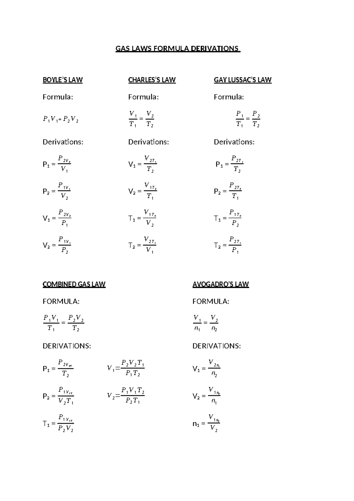 GAS LAWS FORMULA DERIVATIONS: P, V, T, & DENSITY EXPLAINED - Studocu