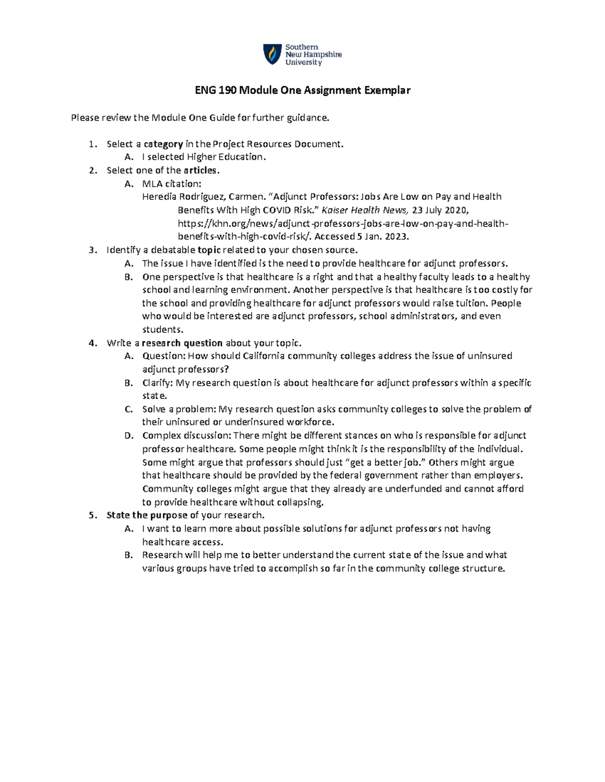ENG 190 Module One Assignment: Healthcare for Adjunct Professors - Studocu