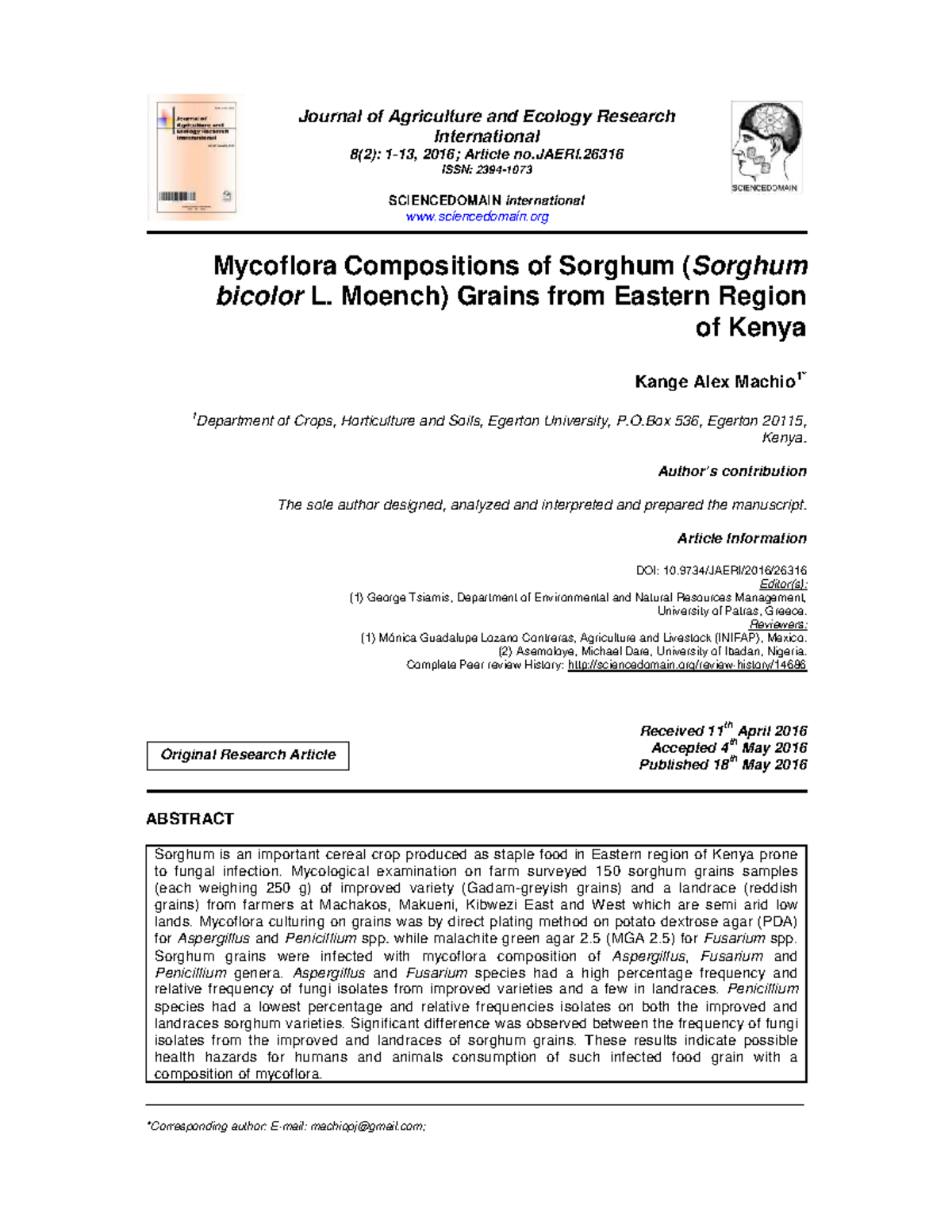 Mycoflora Composition of Sorghum Grains in Eastern Kenya: JAERI 8(2 ...