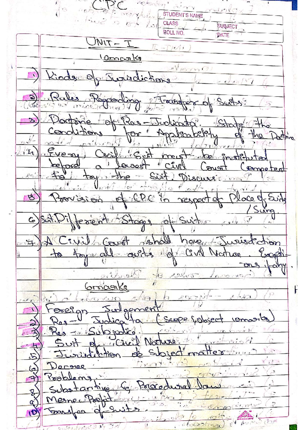 CPC 10 Marks Important Imp Questions for Civil Procedure Exam - Studocu