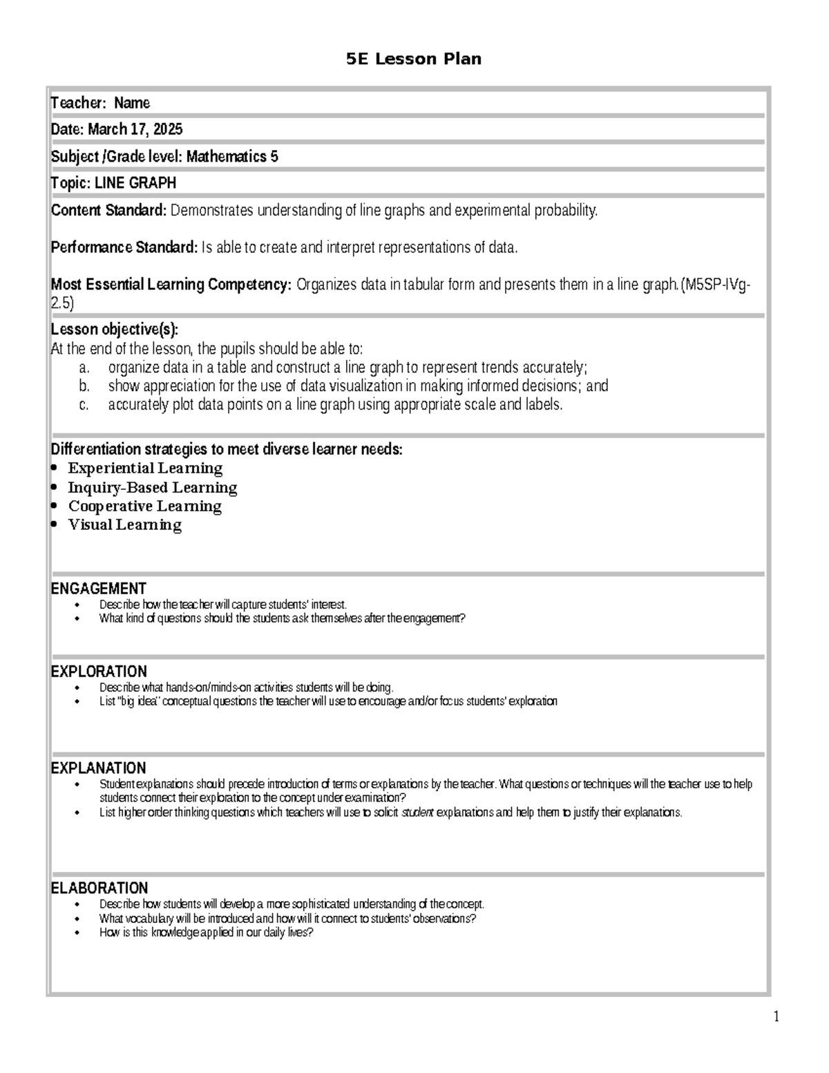 5E Lesson Plan: Understanding Line Graphs in Math 5 - Studocu
