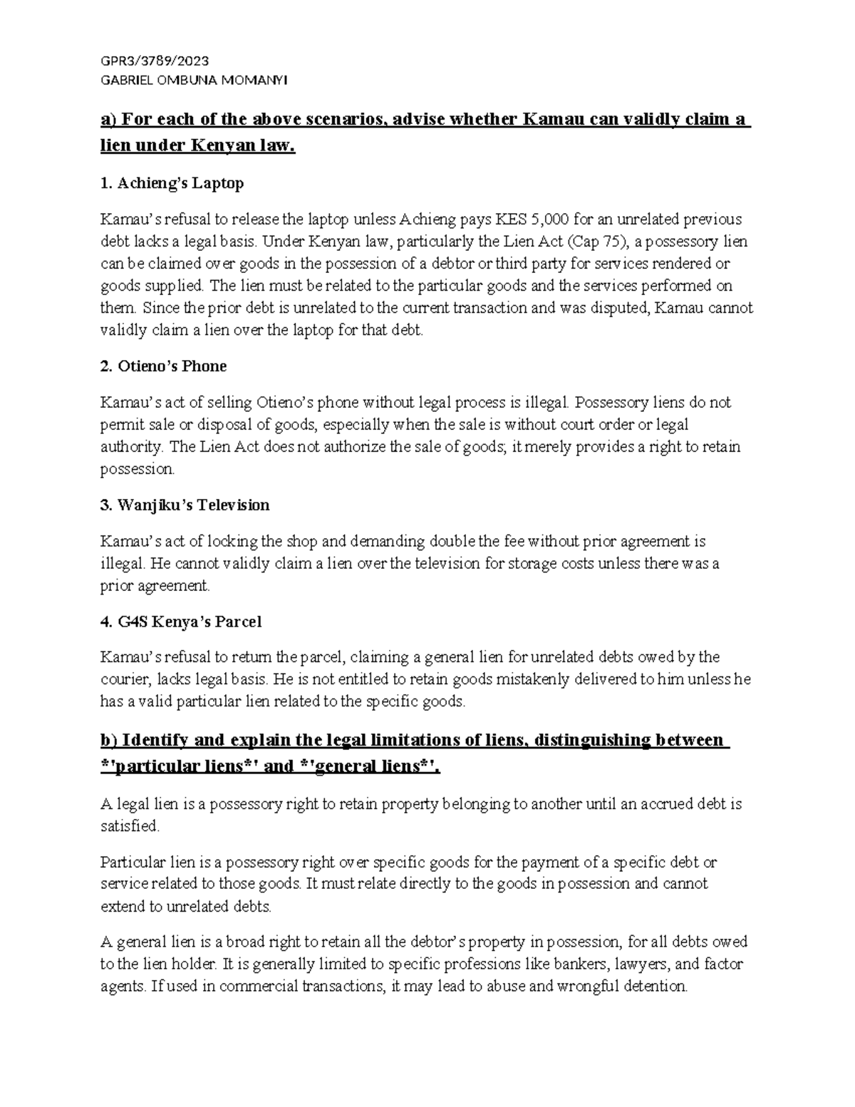 Commercial Law Assignment: Analysis of Liens Under Kenyan Law - Studocu
