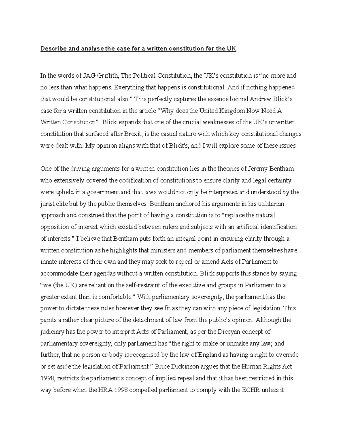 UK Written Constitution: Case Analysis and Perspectives - Studocu