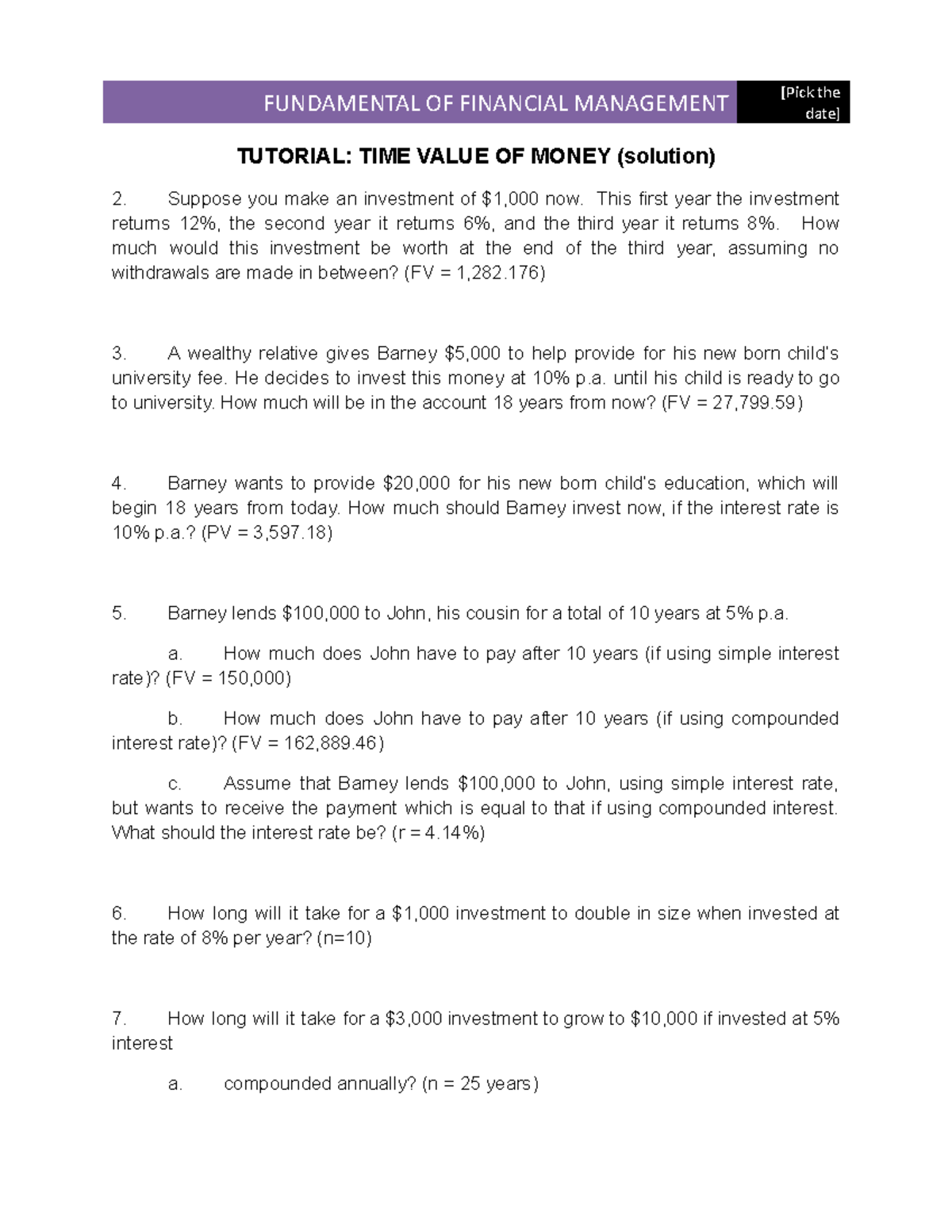 FUNDAMENTALS OF FINANCIAL MANAGEMENT: TIME VALUE OF MONEY TUTORIAL ...