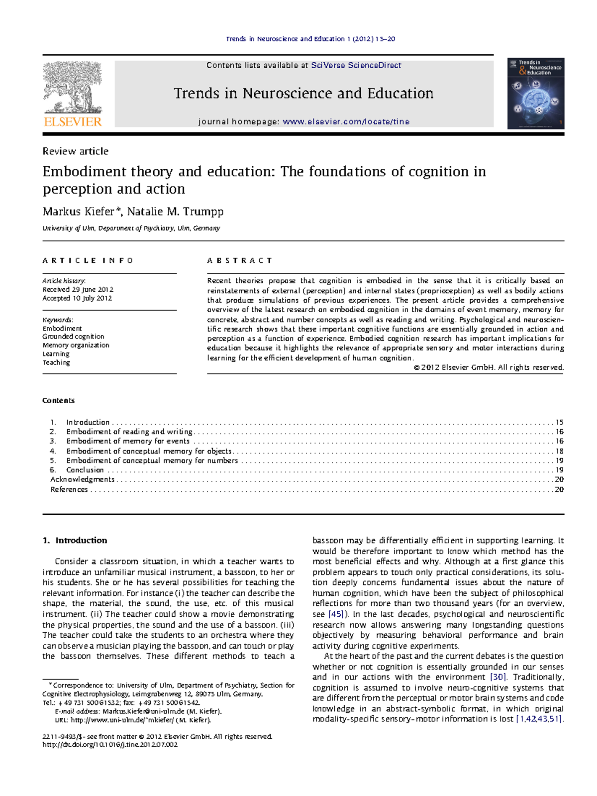 Embodiment Theory in Education: Insights from Neuroscience (NEU 101 ...