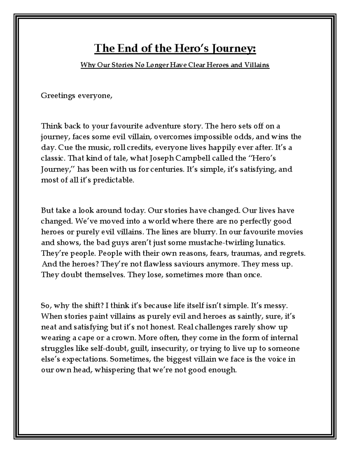 Eng Speech: The Evolution of Heroes and Villains in Literature - Studocu