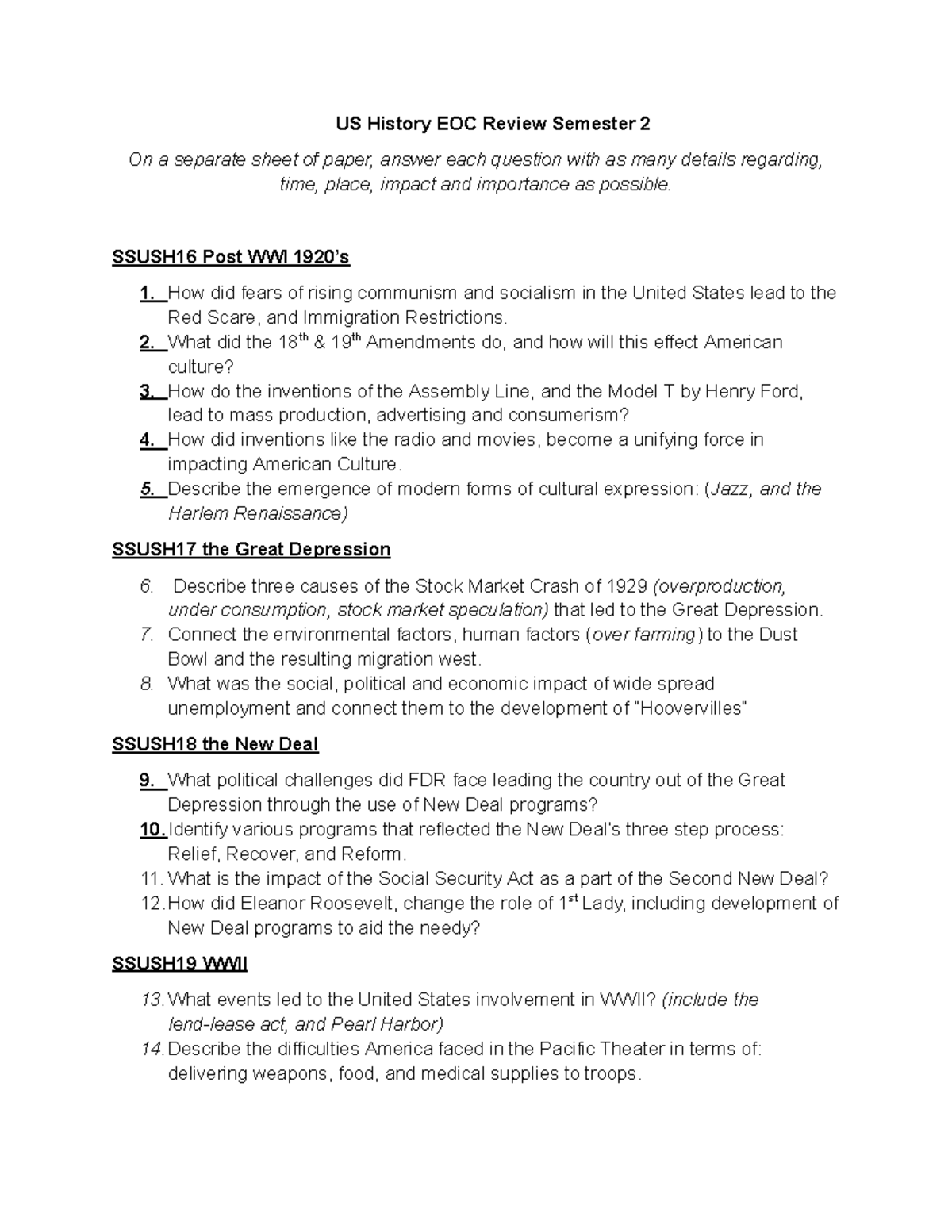 US History EOC Review: Key Events from SSUSH16 to SSUSH21 - Studocu