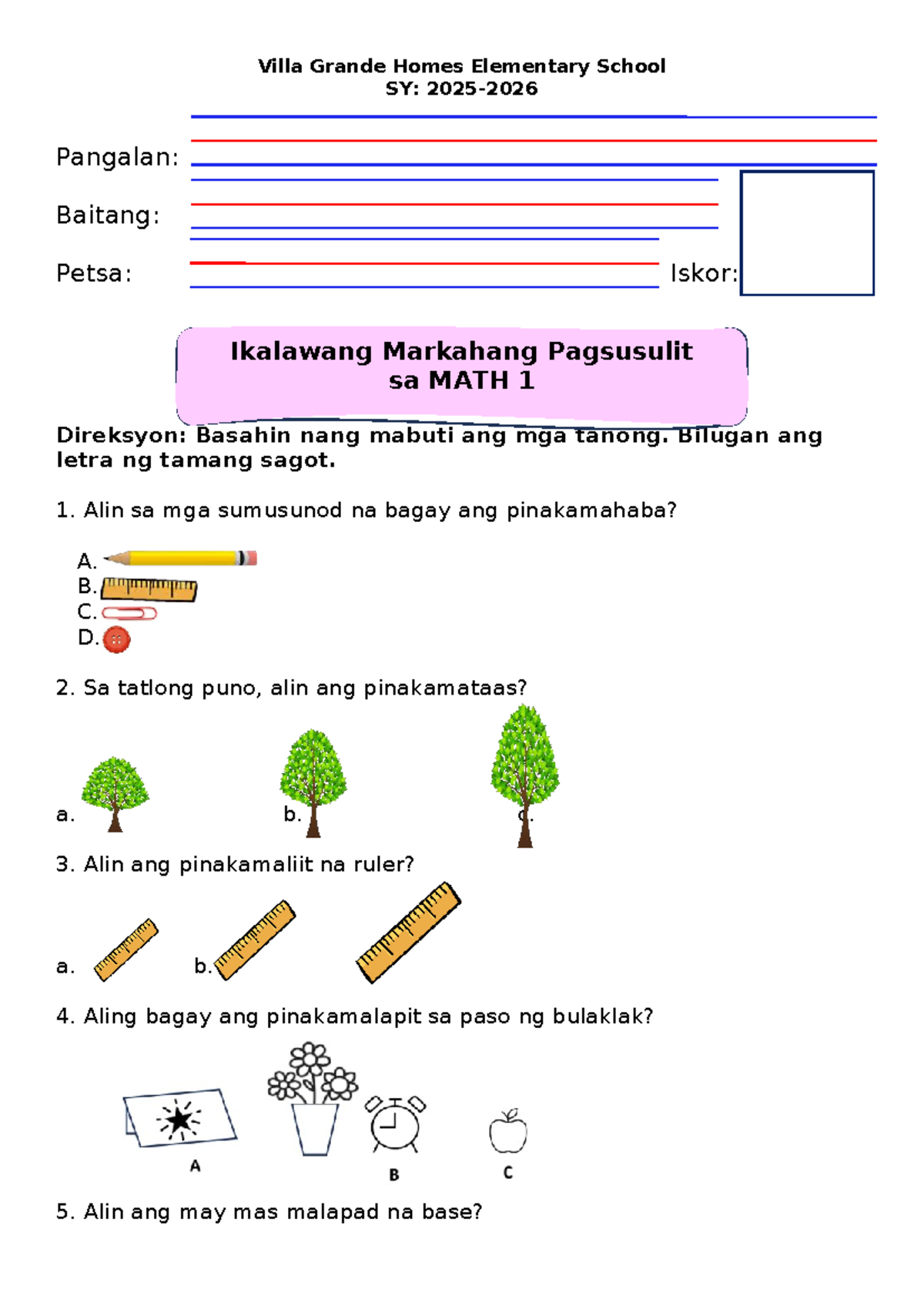 PT Grade 1 Matatag: Ikalawang Markahang Pagsusulit sa MATH 1 - Studocu