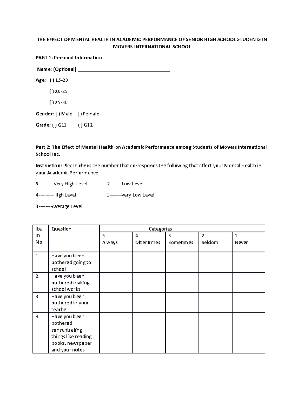 Mental Health and Academic Performance Questionnaire - G11 - Studocu
