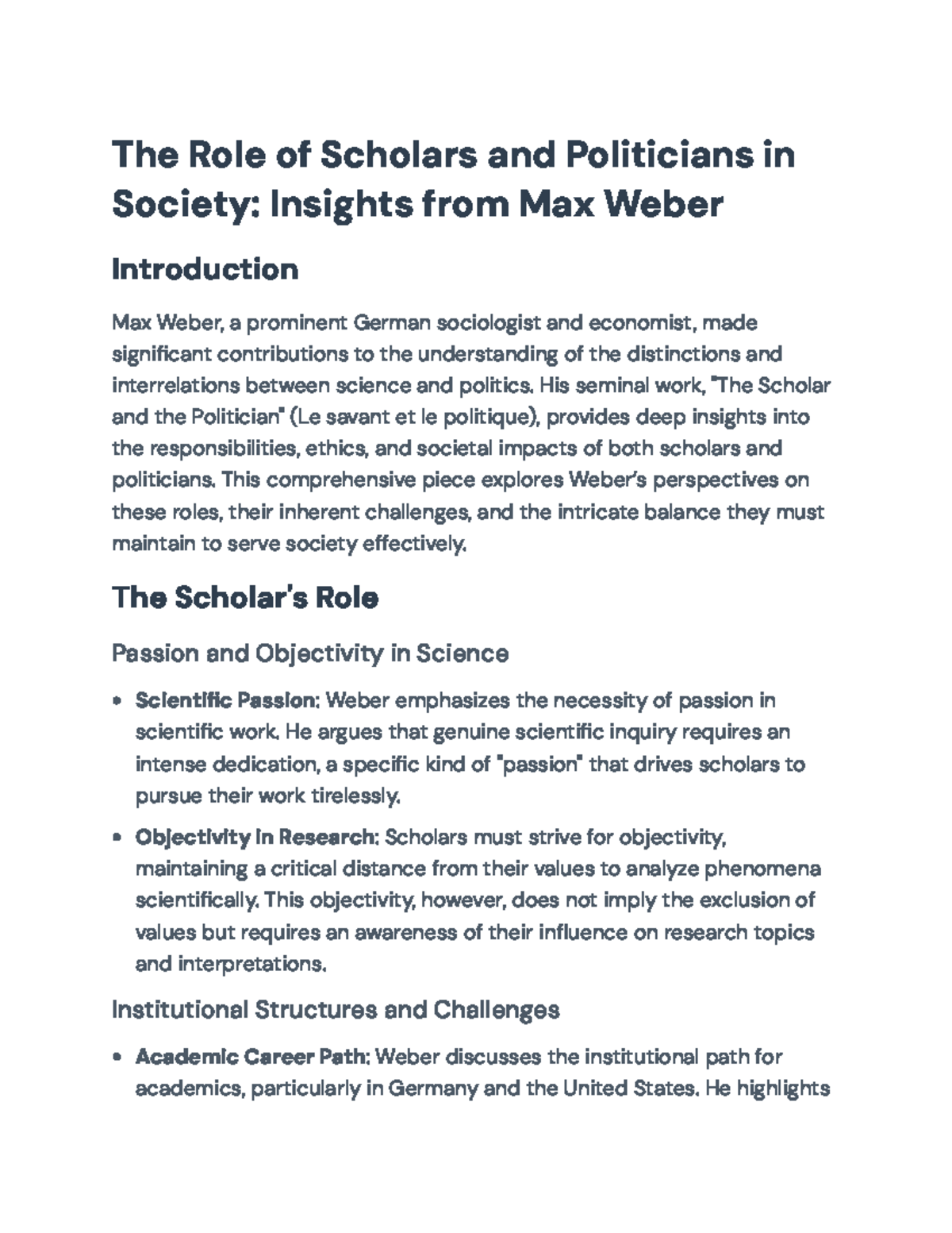 The Role of Scholars and Politicians: Insights from Max Weber’s Work ...